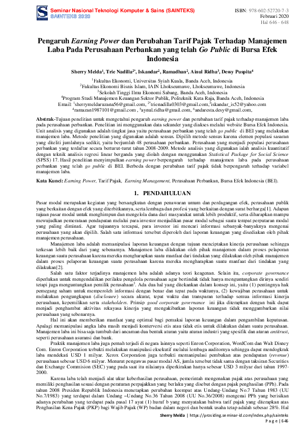 (PDF) Pengaruh Earning Power dan Perubahan Tarif Pajak Terhadap Manajemen Laba Pada Perusahaan ...