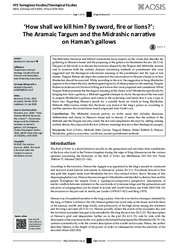 ‘How shall we kill him? By sword, fire or lions?’: The Aramaic Targum ...