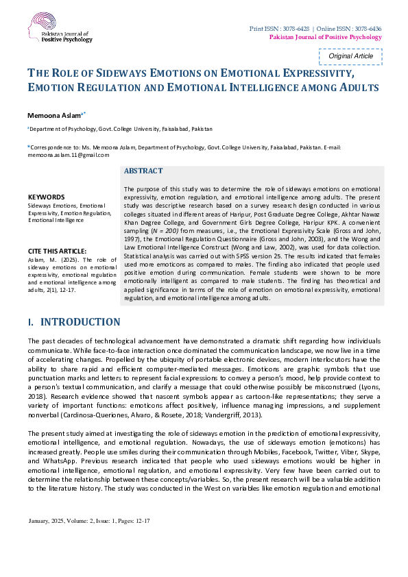(PDF) THE ROLE OF SIDEWAYS EMOTIONS ON EMOTIONAL EXPRESSIVITY, EMOTION ...