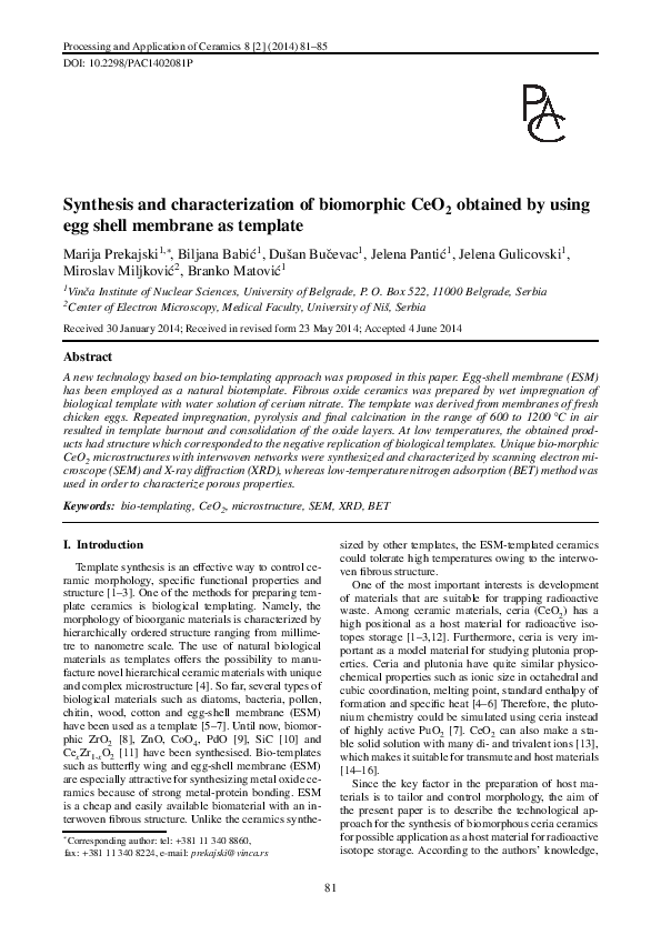 (PDF) Synthesis and characterization of biomorphic CeO2 obtained by using egg shell membrane as ...