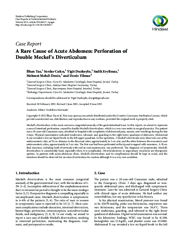 A Rare Cause of Acute Abdomen: Perforation of Double Meckel’s Diverticulum