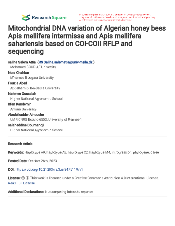 (PDF) Mitochondrial DNA variation of Algerian honey bees Apis mellifera intermissa and Apis ...