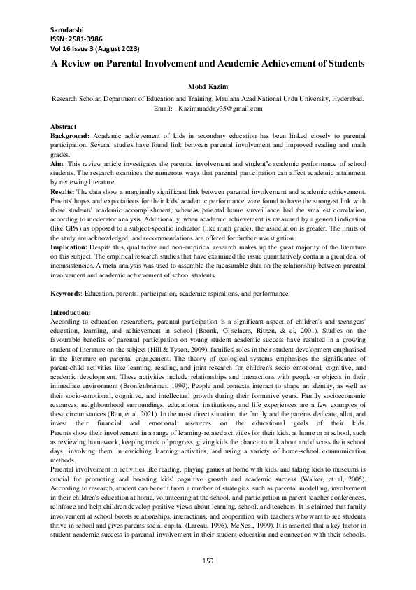 (PDF) A Review on Parental Involvement and Academic Achievement of Students