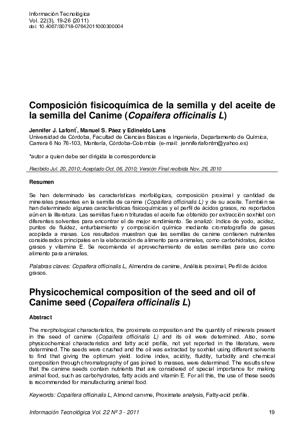 (PDF) Composición fisicoquímica de la semilla y del aceite de la ...