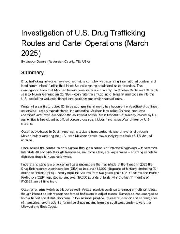 (PDF) Investigation of U.S. Drug Trafficking Routes and Cartel ...