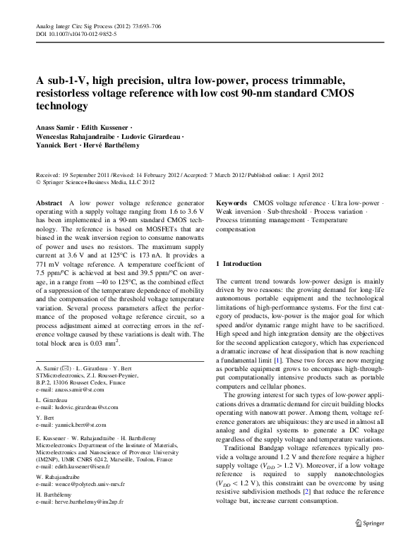 (PDF) A sub-1-V, high precision, ultra low-power, process trimmable, resistorless voltage ...