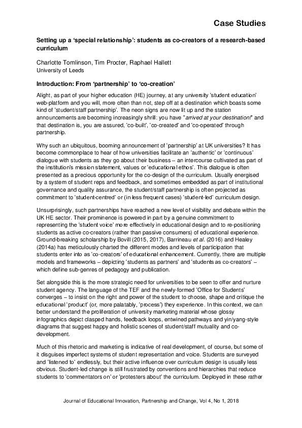 (PDF) Setting up a ‘Special Relationship’: Students as Co-Creators of a ...
