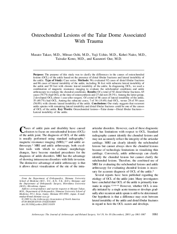 (PDF) Osteochondral lesions of the talar dome associated with trauma
