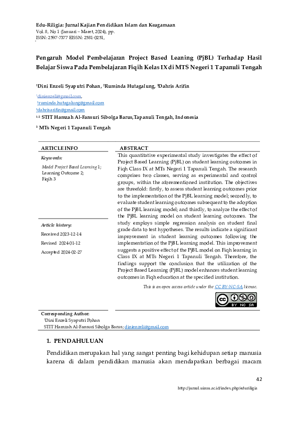 (PDF) Pengaruh Model Pembelajaran Project Based Leaning (PjBL) Terhadap Hasil Belajar Siswa Pada ...