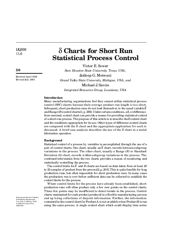 (PDF) β Charts for Short Run Statistical Process Control