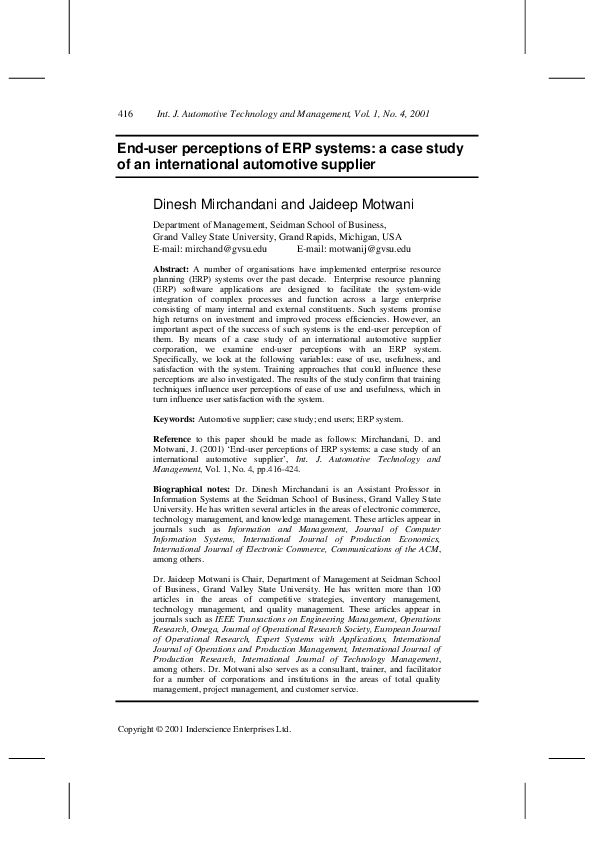 (PDF) End-user perceptions of ERP systems: a case study of an international automotive supplier