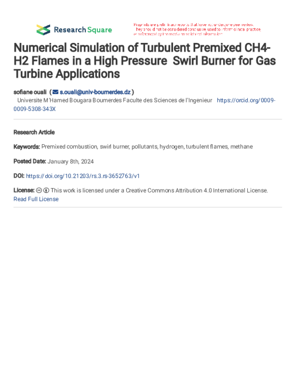 (PDF) Numerical Simulation of Turbulent Premixed CH4-H2 Flames in a High Pressure Swirl Burner ...