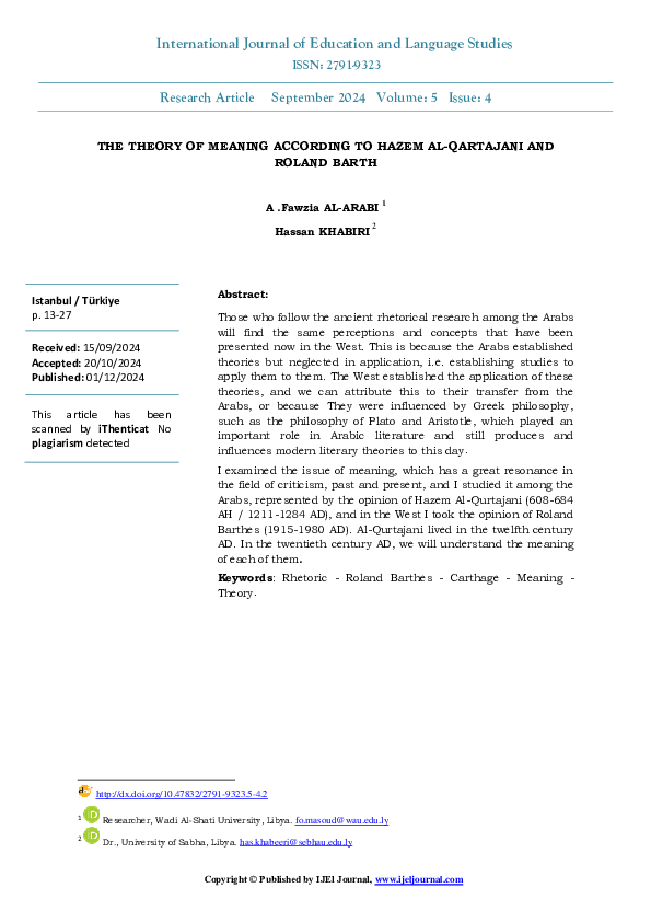 (PDF) THE THEORY OF MEANING ACCORDING TO HAZEM AL-QARTAJANI AND ROLAND BARTH