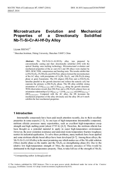 (PDF) Microstructure Evolution and Mechanical Properties of a Directionally Solidified Nb-Ti-Si ...