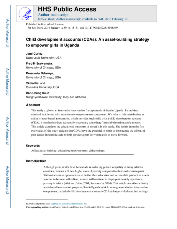 (PDF) Child development accounts (CDAs): An asset-building strategy to ...