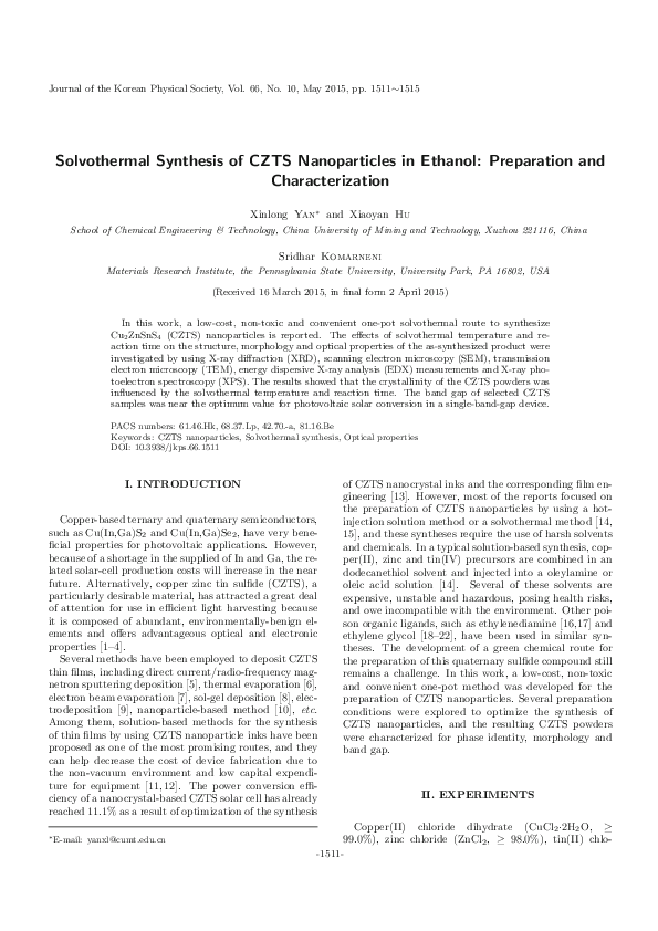 (PDF) Solvothermal synthesis of CZTS nanoparticles in ethanol ...