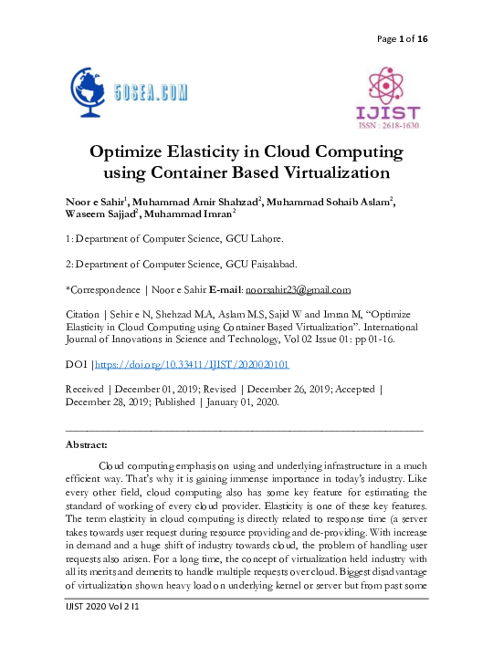 (PDF) Optimize Elasticity in Cloud Computing using Container Based Virtualization