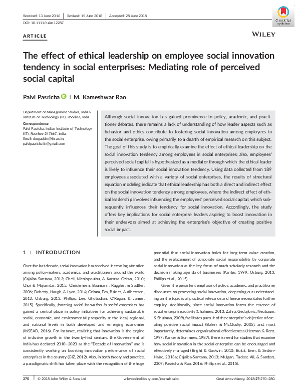 (PDF) The effect of ethical leadership on employee social innovation tendency in social ...