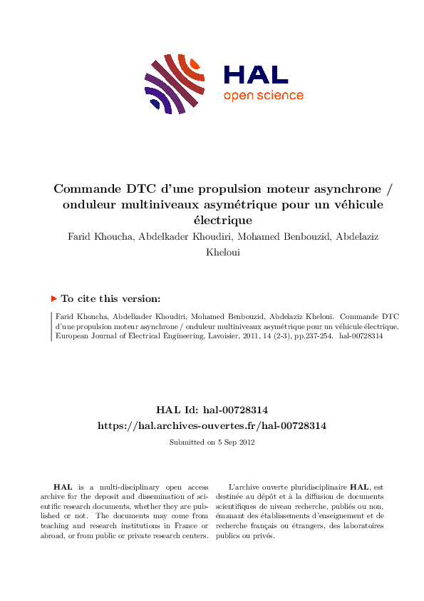 (PDF) Commande DTC d’une propulsion moteur asynchrone/onduleur multiniveau asymétrique pour un ...