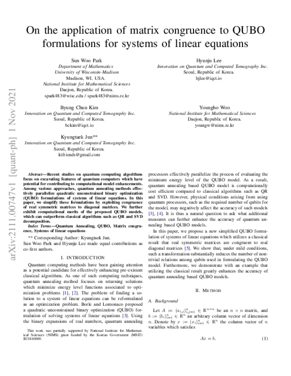 (PDF) On the application of matrix congruence to QUBO formulations for systems of linear equations