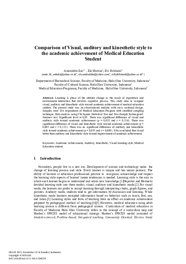 (PDF) Comparison of Visual, auditory and kinesthetic style to the academic achievement of ...