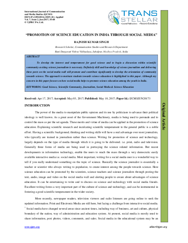 (PDF) “Promotion of Science Education in India through Social Media”
