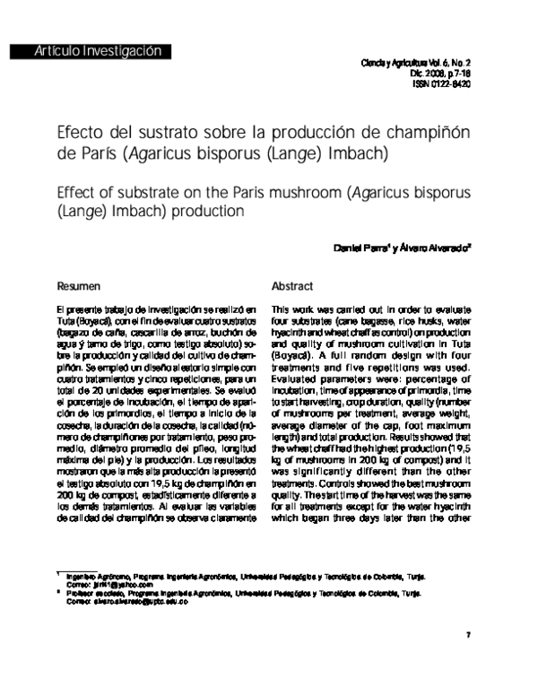 (PDF) Efecto del sustrato sobre la producción de champiñón de París (Agaricus bisporus (Lange ...