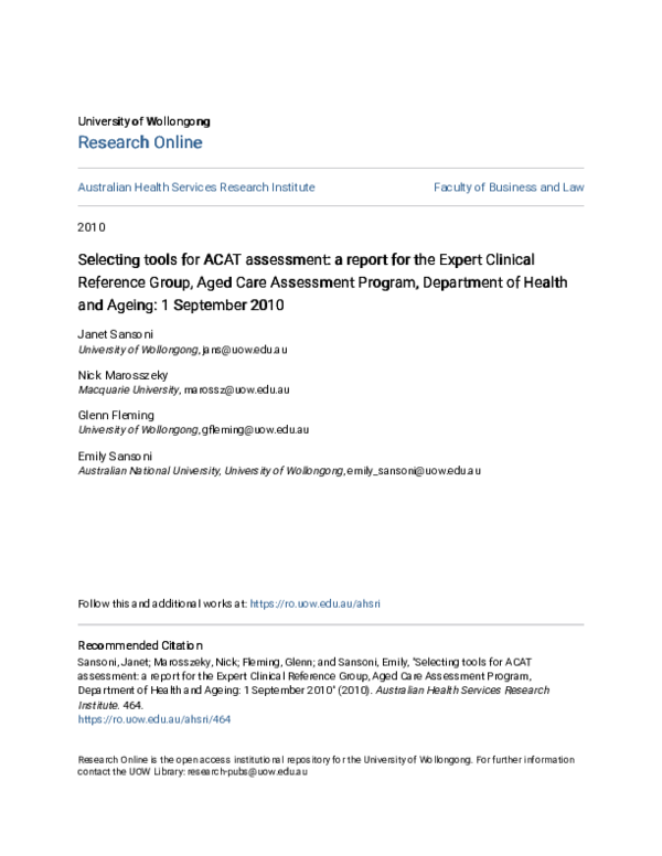 (PDF) Selecting tools for ACAT assessment: a report for the Expert ...