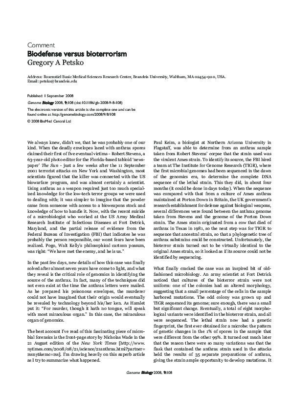 (PDF) Biodefense versus bioterrorism