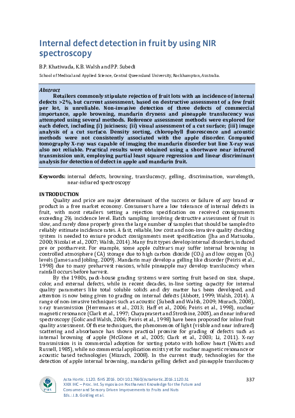 (PDF) Internal defect detection in fruit by using NIR spectroscopy