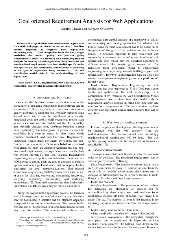 (PDF) Goal oriented Requirement Analysis for Web Applications