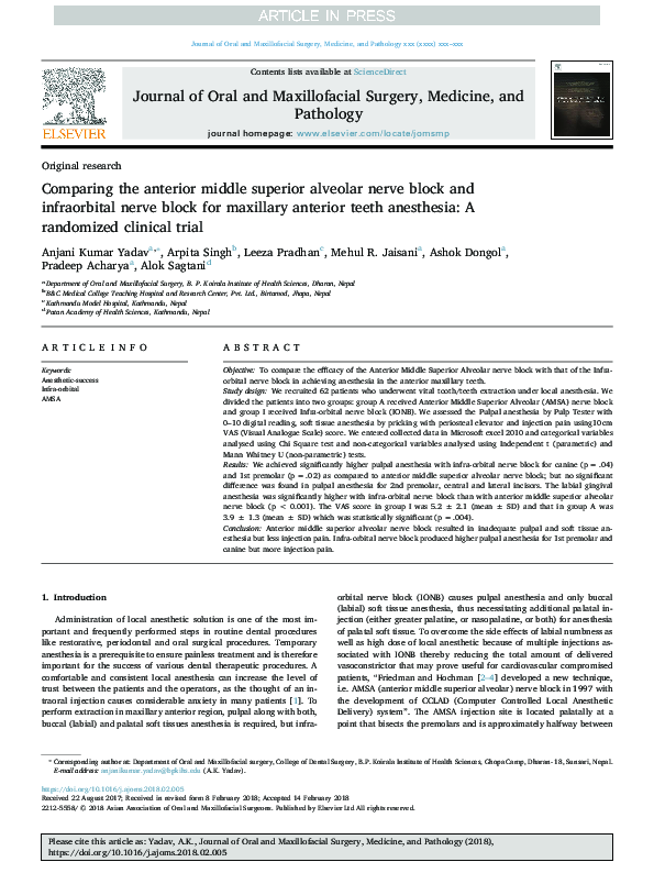(PDF) Comparing the anterior middle superior alveolar nerve block and ...