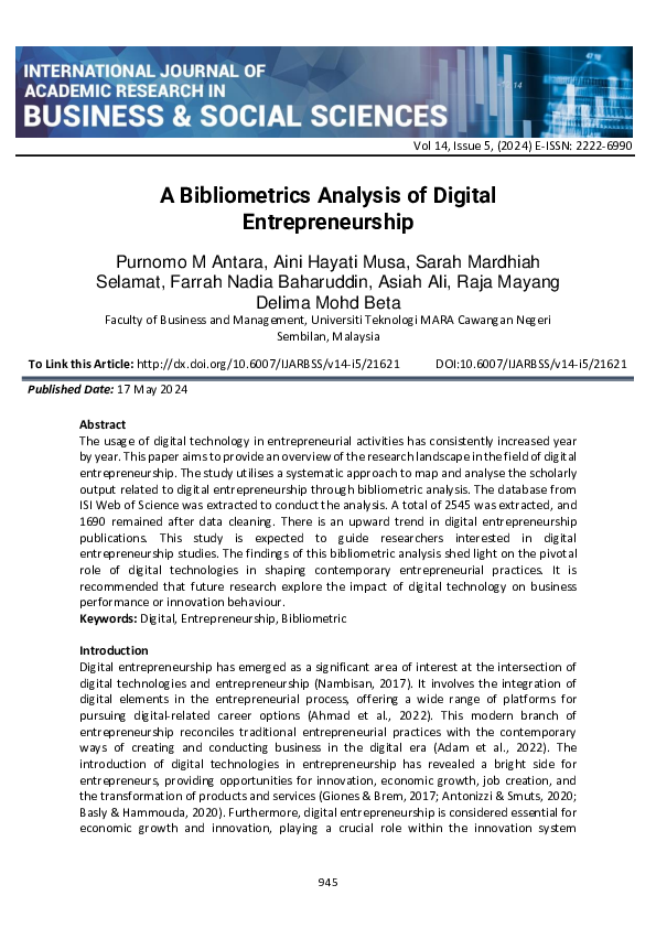 (PDF) A Bibliometrics Analysis of Digital Entrepreneurship