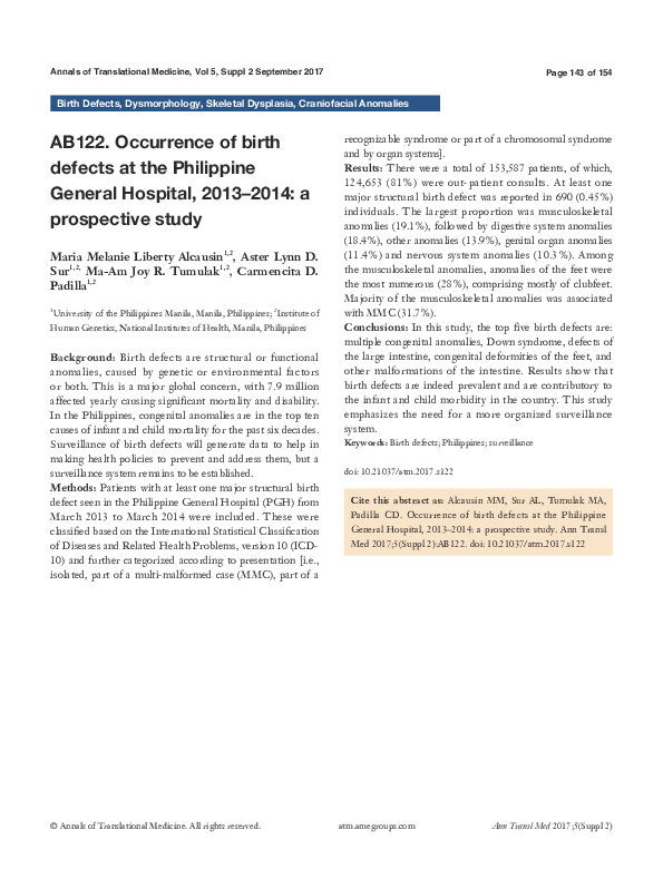 (PDF) AB122. Occurrence of birth defects at the Philippine General Hospital, 2013–2014: a ...