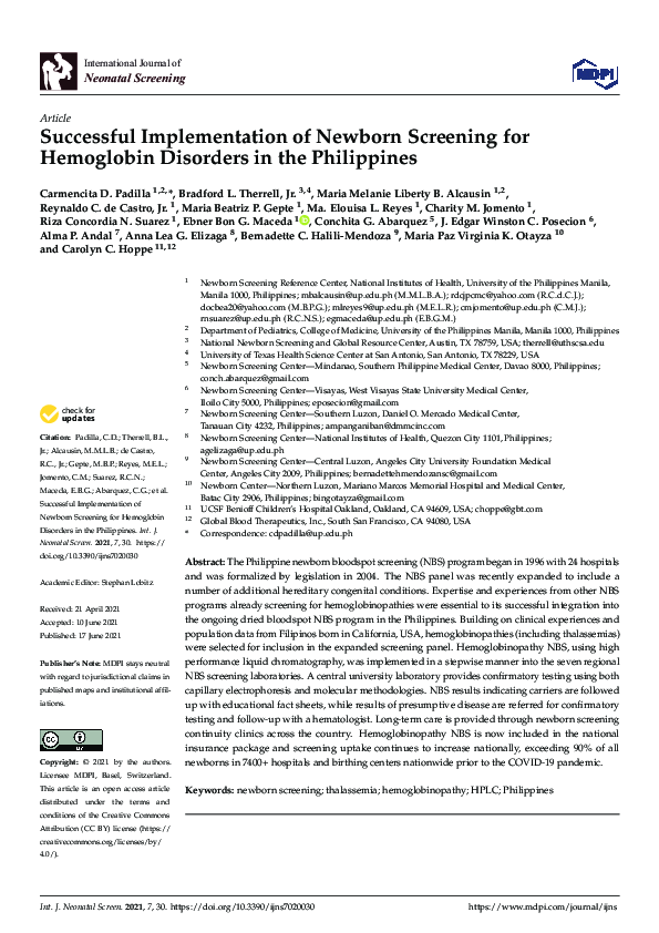 (PDF) Successful Implementation of Newborn Screening for Hemoglobin Disorders in the Philippines