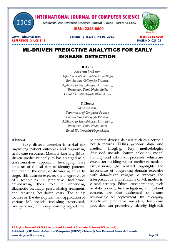 ML-DRIVEN PREDICTIVE ANALYTICS FOR EARLY DISEASE DETECTION