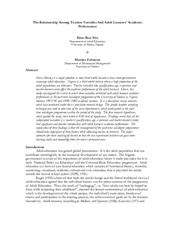 (PDF) The Relationship Among Teacher Variables And Adult Learners ...