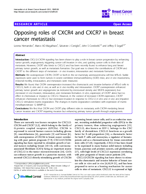 (PDF) Opposing roles of CXCR4 and CXCR7 in breast cancer metastasis