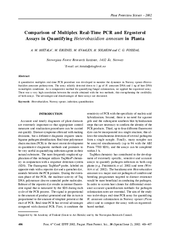 (PDF) Comparison of multiplex real-time PCR and ergosterol assays in quantifying Heterobasidion ...