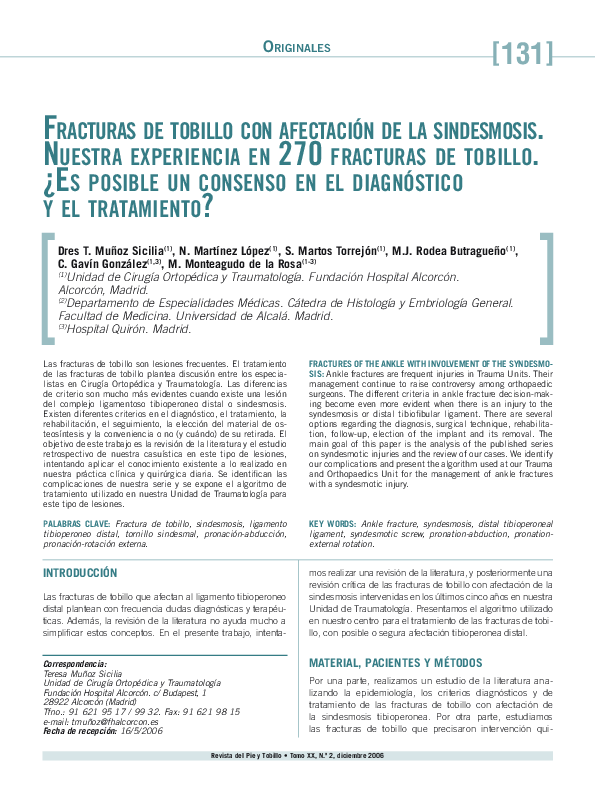 (PDF) Fracturas de tobillo con afectación de la sindesmosis. Nuestra experiencia en 270 ...