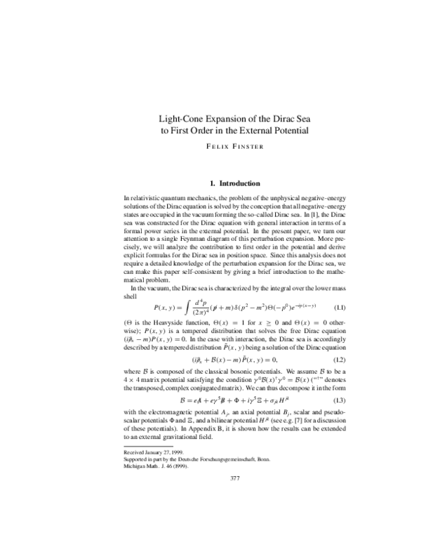 (PDF) Light-cone expansion of the Dirac sea to first order in the external potential