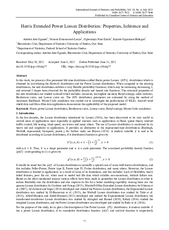 (PDF) Harris Extended Power Lomax Distribution: Properties, Inference ...