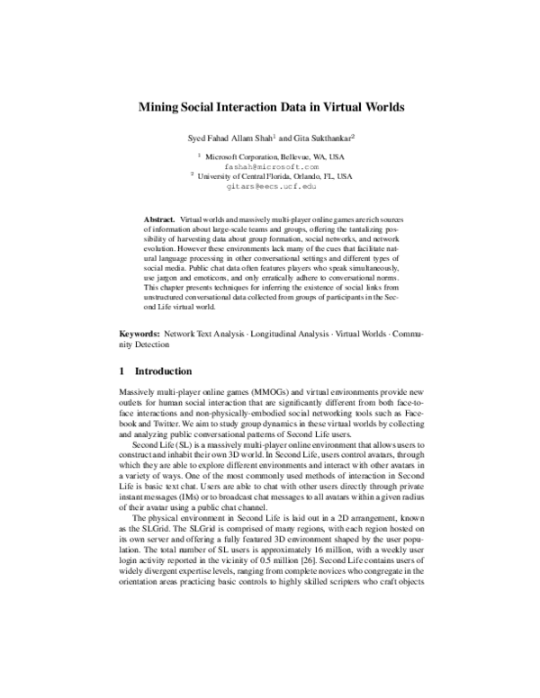 (PDF) Mining Social Interaction Data in Virtual Worlds