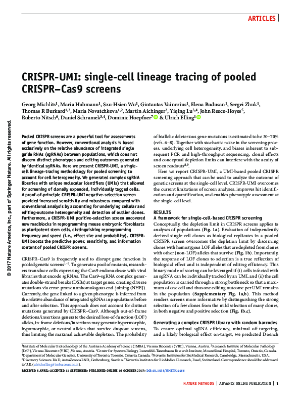 (PDF) CRISPR-UMI: single-cell lineage tracing of pooled CRISPR-Cas9 screens