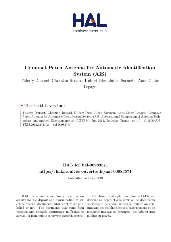 (PDF) Compact patch antenna for Automatic Identification System (AIS)
