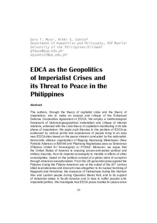 (PDF) EDCA as the Geopolitics of Imperialist Crises and its Threat to Peace in the Philippines