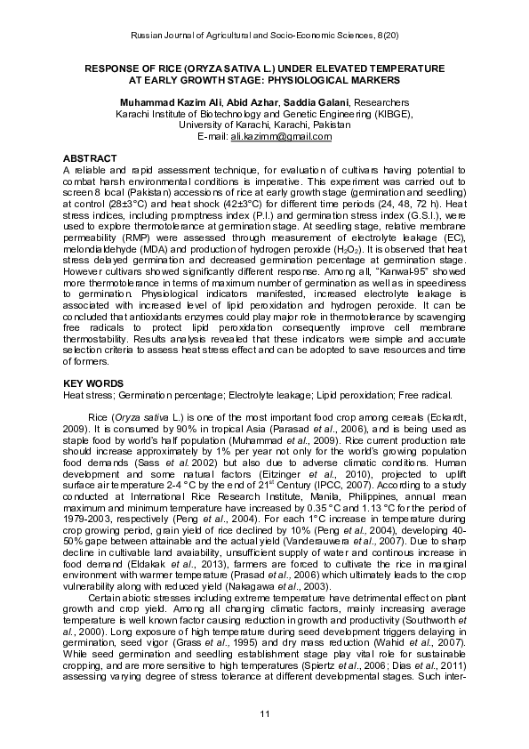 (PDF) Response of Rice (Oryza Sativa L.) Under Elevated Temperature at Early Growth Stage ...