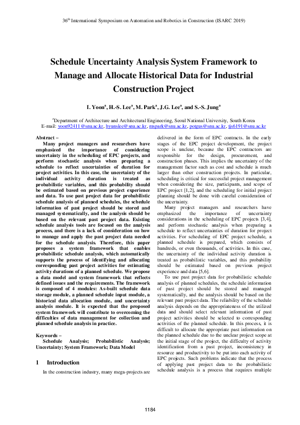 (PDF) Schedule Uncertainty Analysis System Framework to Manage and Allocate Historical Data for ...