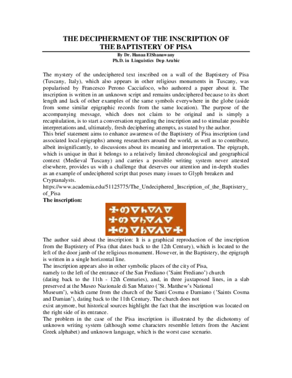 (PDF) THE DECIPHERMENT OF THE INSCRIPTION OF THE BAPTISTERY OF PISA