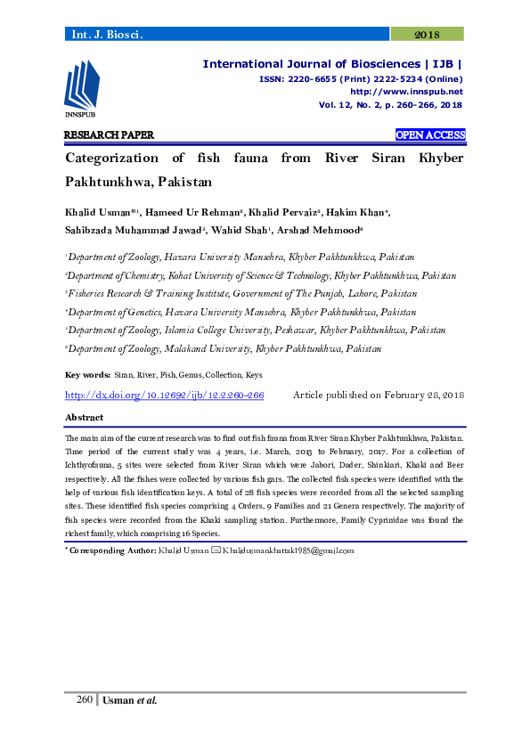 (PDF) Categorization of fish fauna from River Siran Khyber Pakhtunkhwa ...
